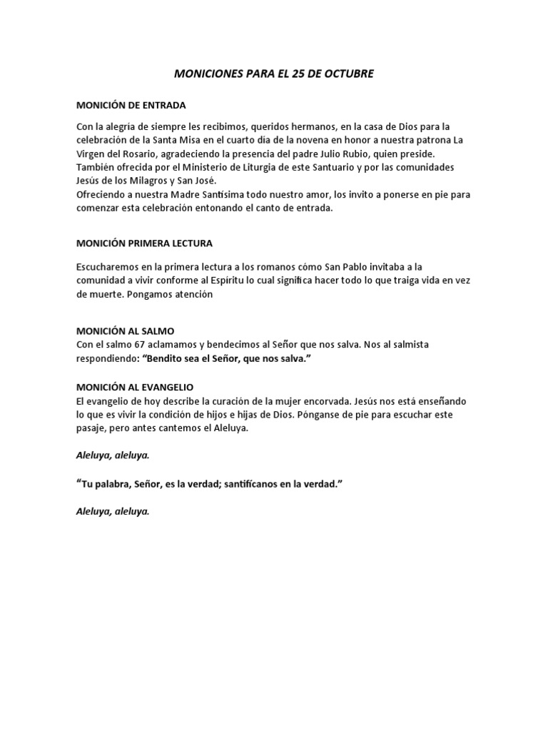 Moniciones Misa 25 de Octubre | PDF