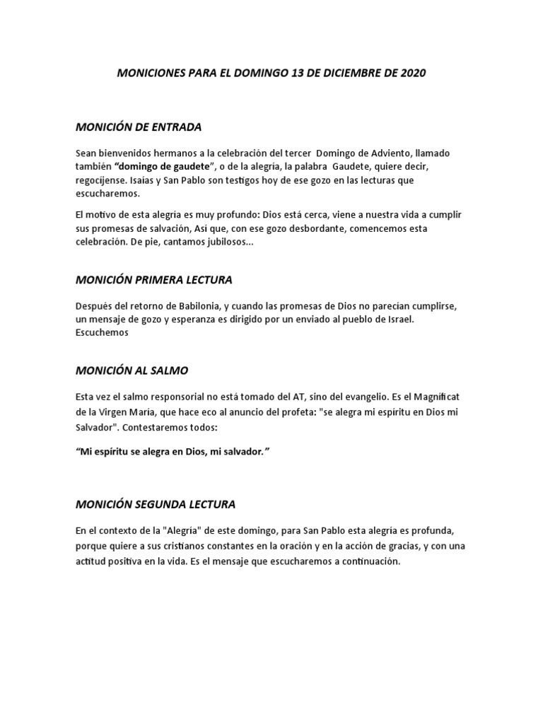 MONICIONES MISA DEL 13 de DICIEMBRE DE 2020 | PDF | Misa (liturgia ...