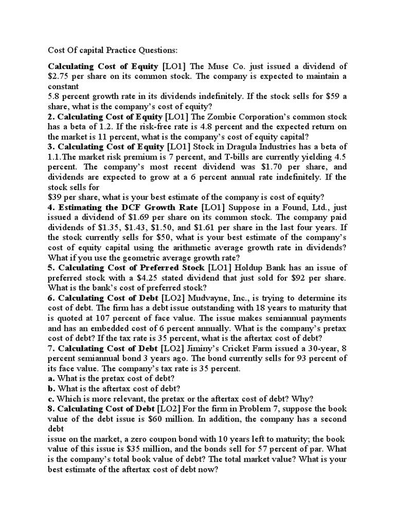Cost of Capital Calculation Questions | PDF | Cost Of Capital | Stocks