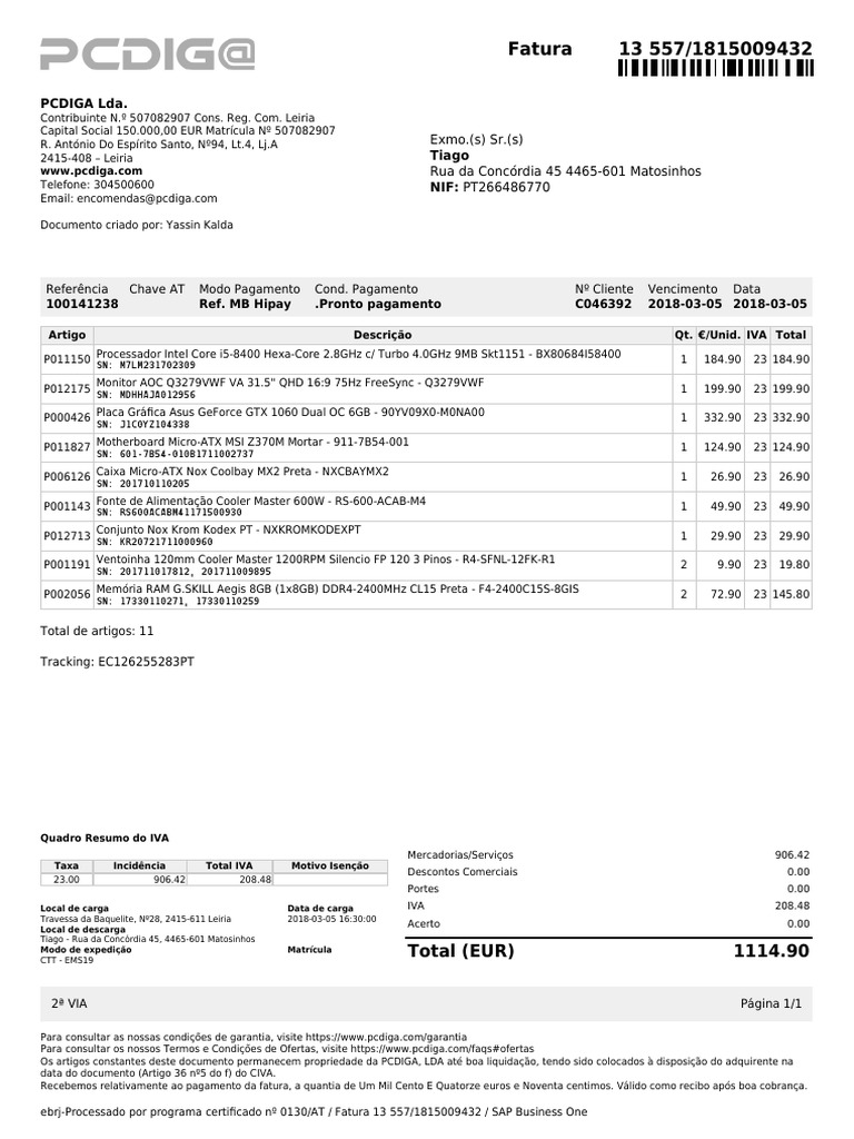 Fatura 13 557/1815009432: Pcdiga Lda | PDF | Imposto sobre Valor Agregado (IVA) | Compatíveis ...