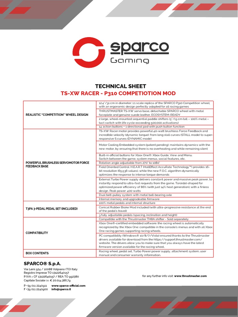 Sparco Gaming Tech-Sheet TS-XW Racer | PDF
