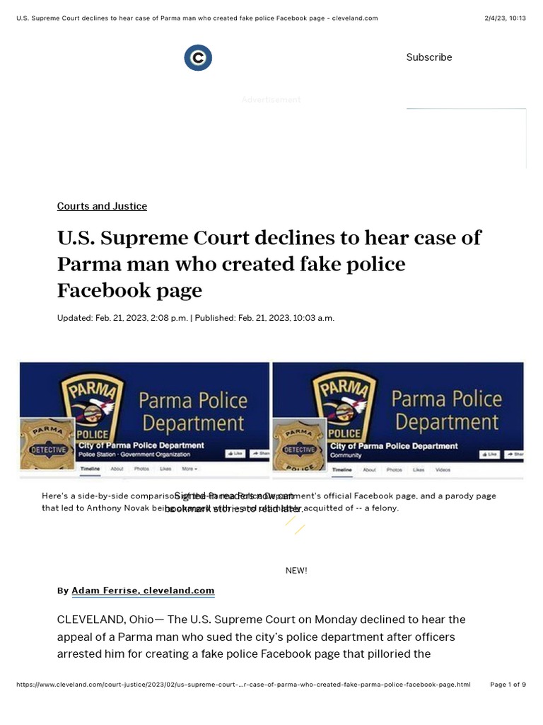 U.S. Supreme Court Declines To Hear Case of Parma Man Who Created Fake ...