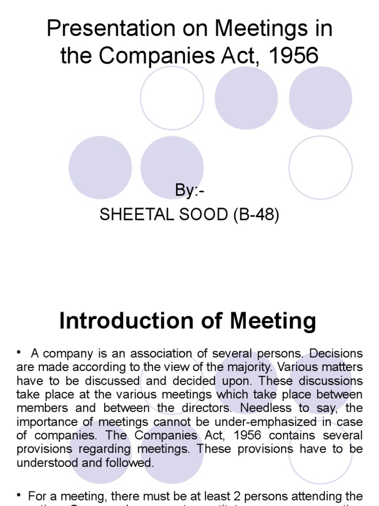 Presentation On Meetings in The Companies Act | PDF | Liquidation | Board Of Directors