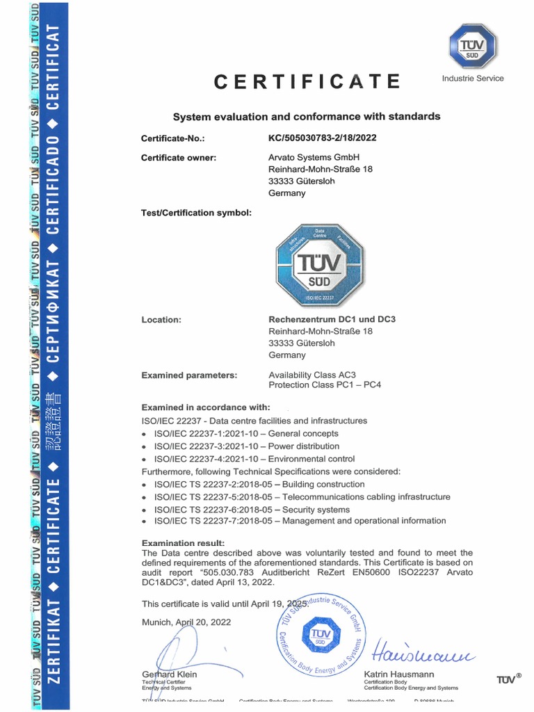 Iso Iec 22237 Arvato Systems GT RZ en 19 04 2025 Data | PDF