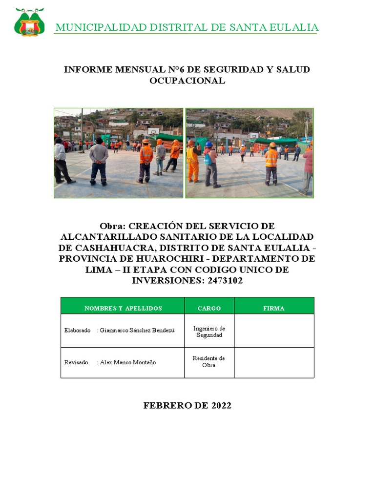 Informe Mensual N°6 Seguridad Y Salud Ocupacional Pdf Lugar De