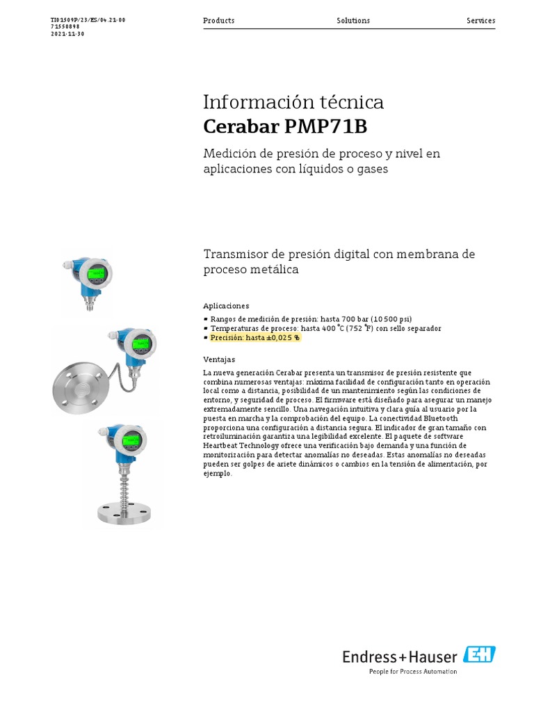 Ficha Tecnica Cerabar PMP71B_ Partida 228 | PDF | Resistor | Presión