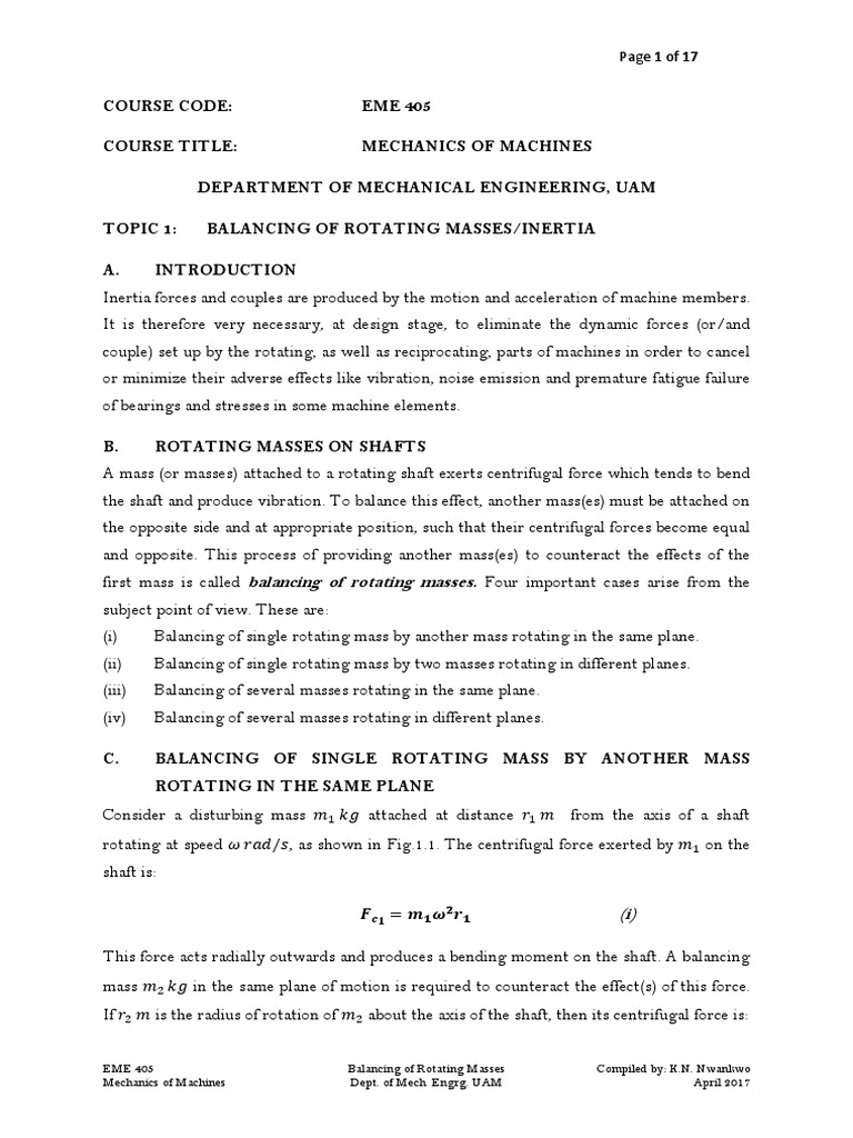 TOPIC 1. Balancint of Rotating Masses | PDF | Rotation Around A Fixed Axis | Angle
