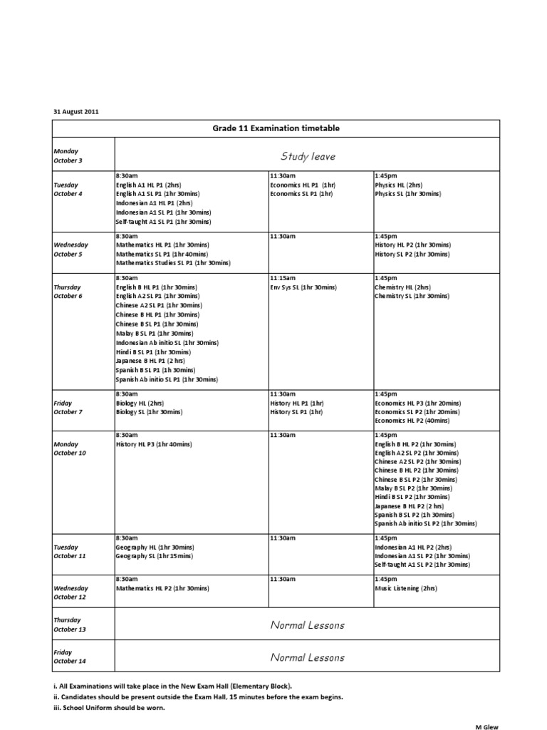 Grade 11 Exam Timetable 2011 | PDF