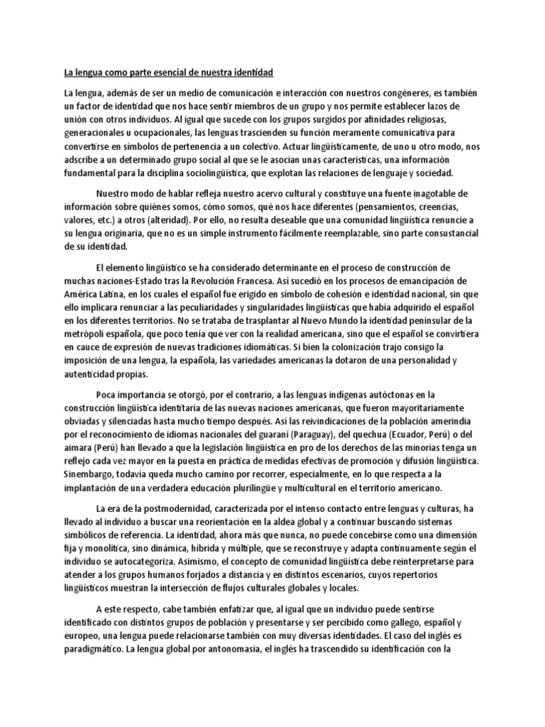 La Lengua Como Parte Esencial de Nuestra Identidad | PDF | Lingüística ...