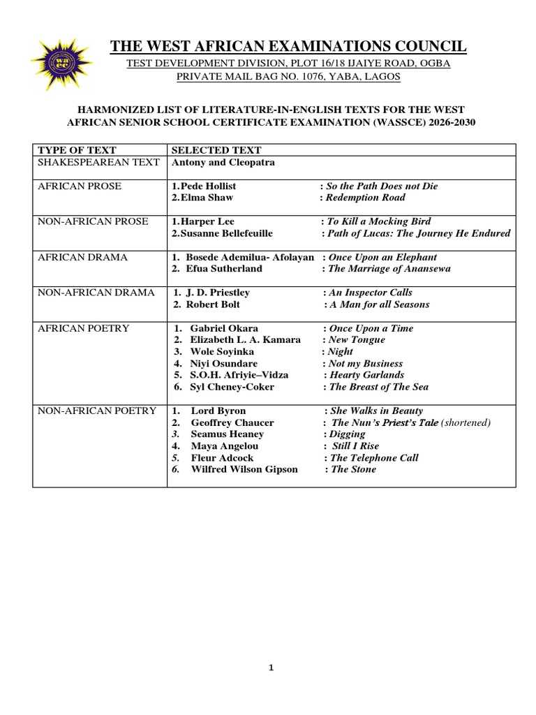 WASSCE 2026-2030 Literature Texts | PDF | Poetry