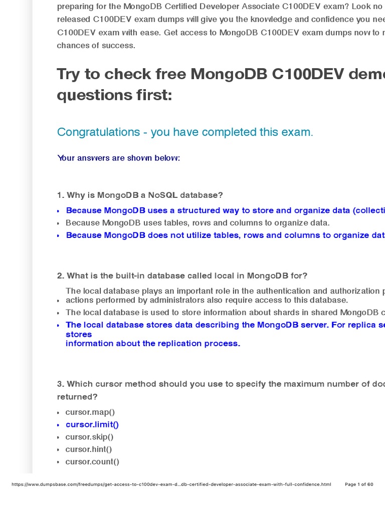 Get Access To C100DEV Exam Dumps Now: Pass MongoDB Certified Developer ...