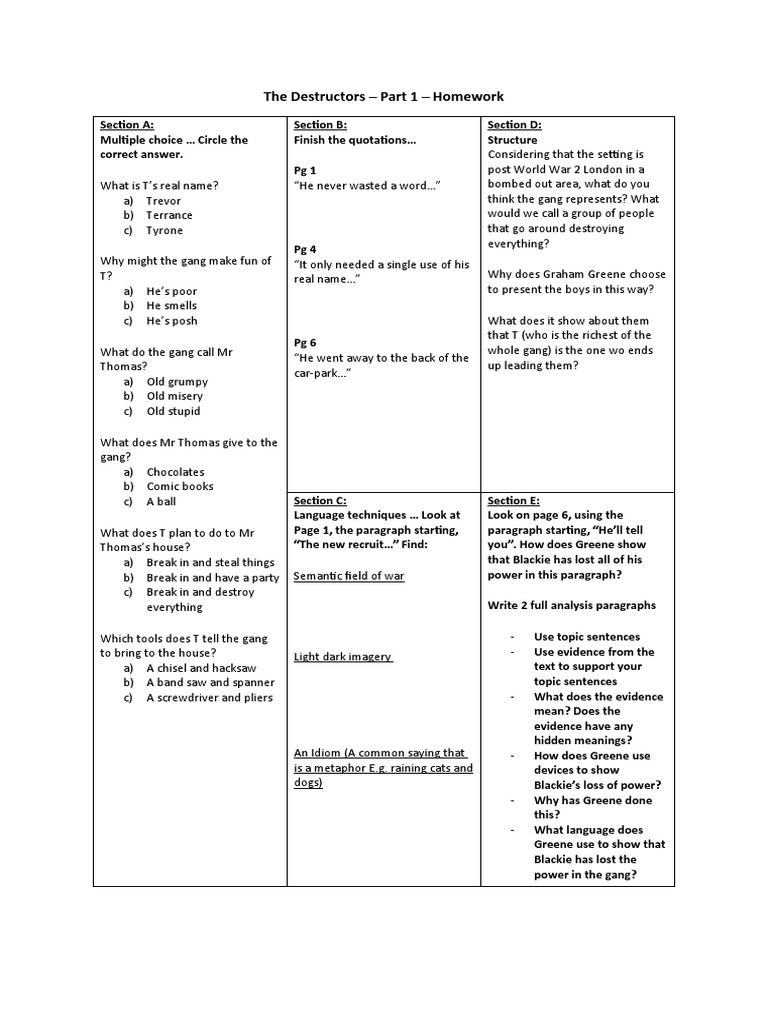 The Destructors Homework Guide | PDF | Human Communication | Cognitive ...