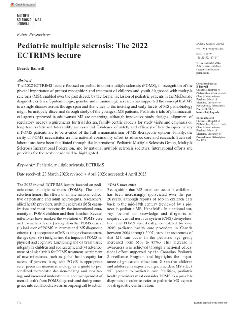 Pediatric Multiple Sclerosis The 2022 Ectrims Lecture | PDF | Multiple ...