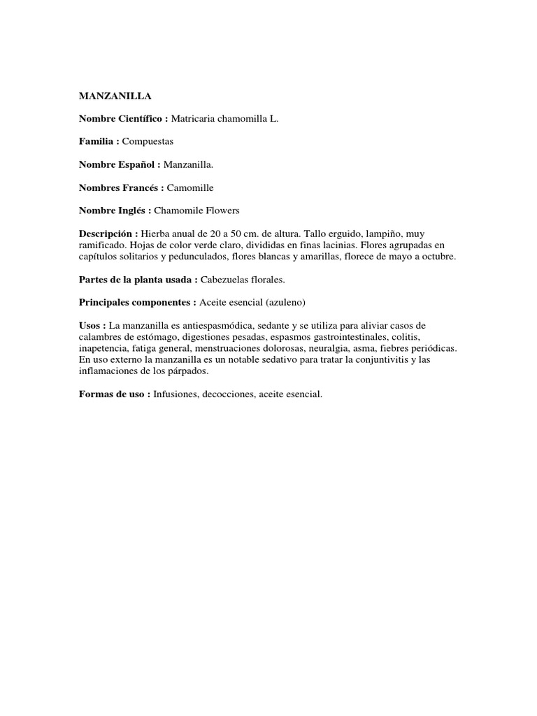 Manzanilla | PDF | Hogar, jardinería y bricolaje | Salud y bienestar
