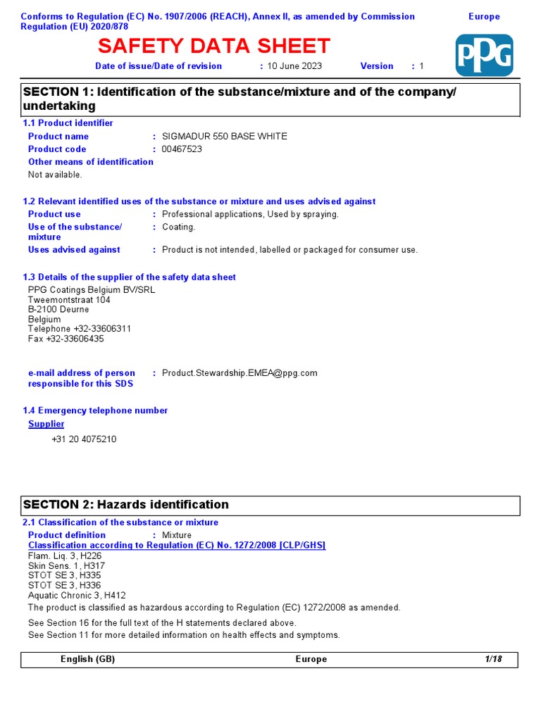 Sigmadur 550 Base White Safety Data Sheet | PDF | Personal Protective ...