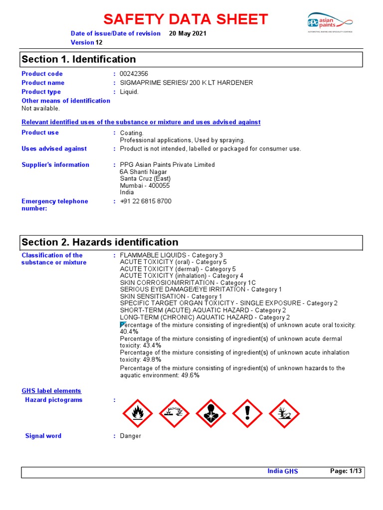 SigmaPrime 200K LT Hardener Safety Data | PDF | Toxicity | Physical ...