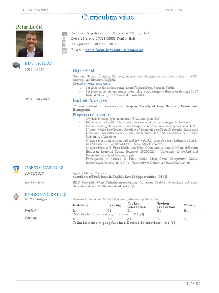 Curriculum - Vitae - Petar Lučić | PDF | Bosnia And Herzegovina | Sarajevo