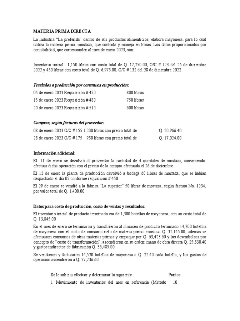 Materia Prima Directa: Traslados A Producción Por Consumos en ...