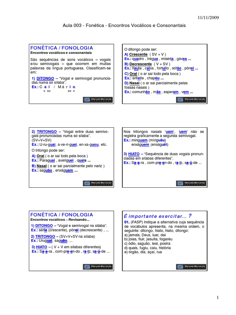Aula 003 - Fonética - Encontros Vocálicos e Consonantais | PDF