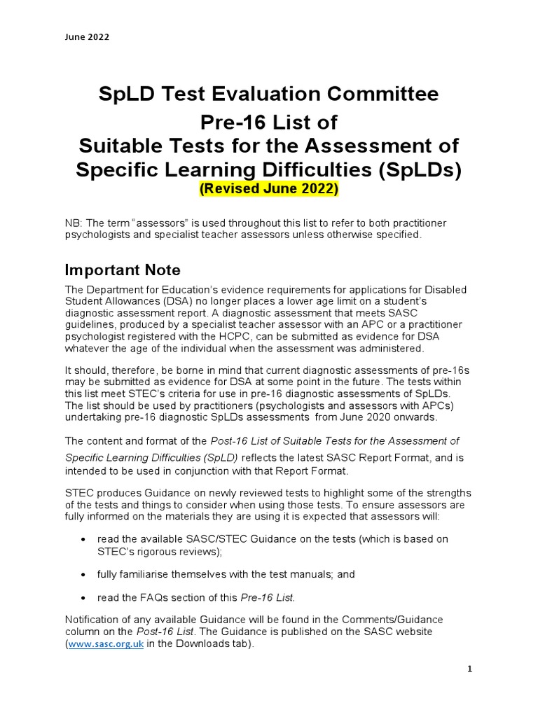 Pre-16 SpLD Assessment Test List | PDF | Learning Disability | Wechsler ...