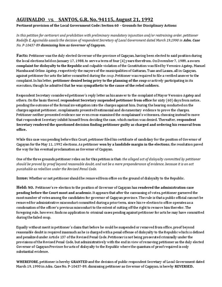Aguinaldo vs. Santos: Cagayan Disqualification Case | PDF | Burden Of ...