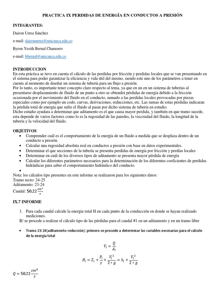 Practica IX Perdidas de Carga en Conductos A Presion | PDF | Presión | Ingeniería mecánica