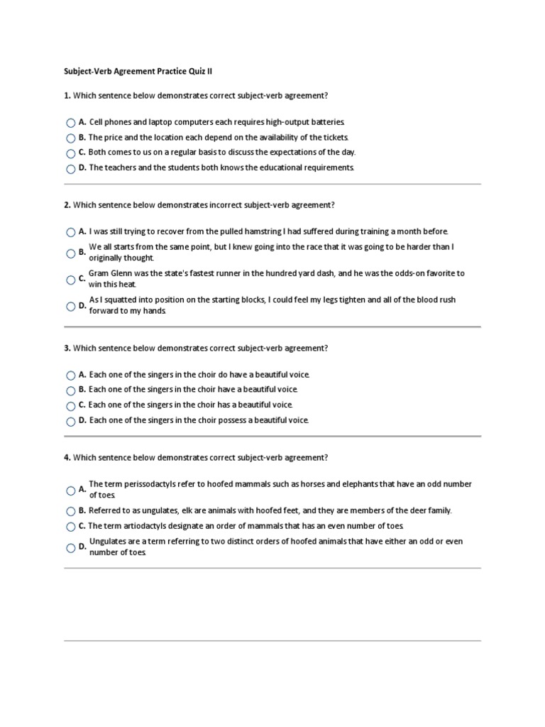 Subject Verb Agreement Practice Quiz 2 | PDF | Language Arts ...