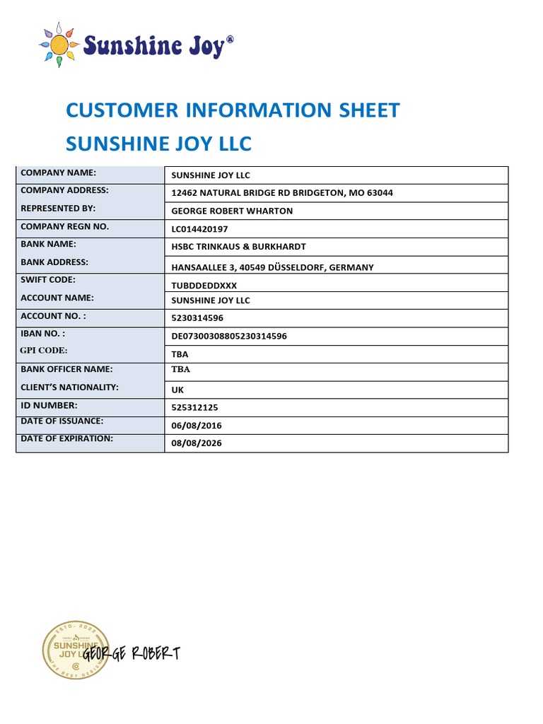 Cis SJL Sender - SUNSHINE JOY LLC - Account Information | PDF