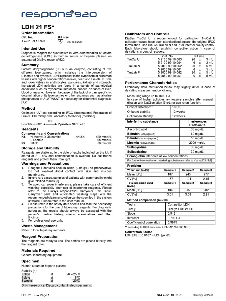 IFU R920-e-LDH 21 IFCC-3 | PDF | Lactate Dehydrogenase | Medical ...