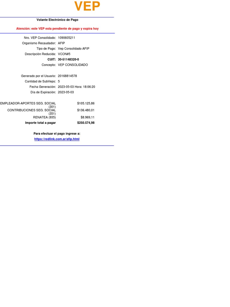 Afip Vep Cuit 30511483200 Nrovep 1090605211 | PDF | Negocios | Finanzas y dinero