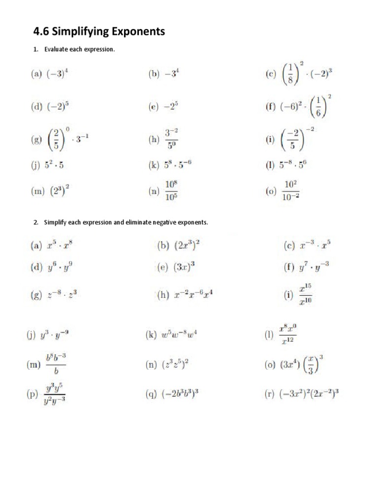 Simplifying Exponents Worksheet | PDF