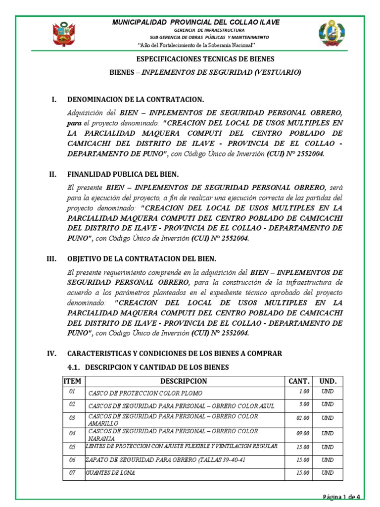 Esp. Tec. de Epp Personal Obrero | PDF