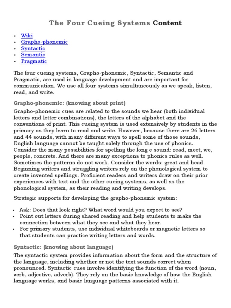 The Four Cueing Systems Content | PDF