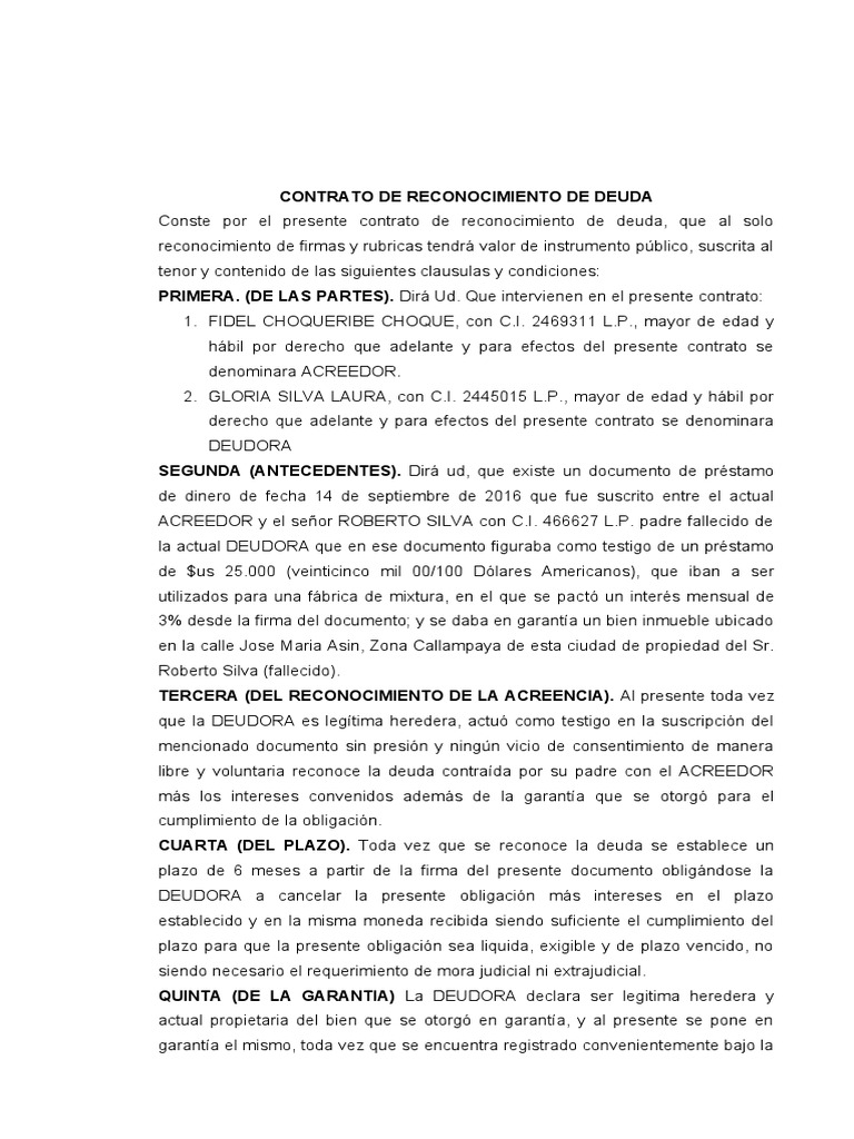 Contrato de Reconocimiento de Deuda | PDF