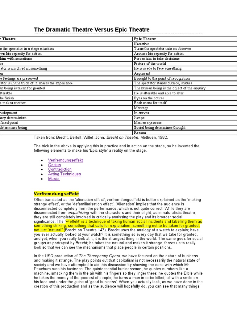 Brecht's Epic vs. Dramatic Theatre | PDF | Performing Arts | Entertainment