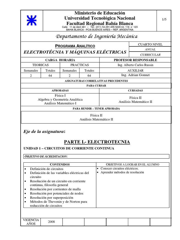 Electrotecnia y Maquinas Programa | PDF | Corriente alterna | Corriente eléctrica