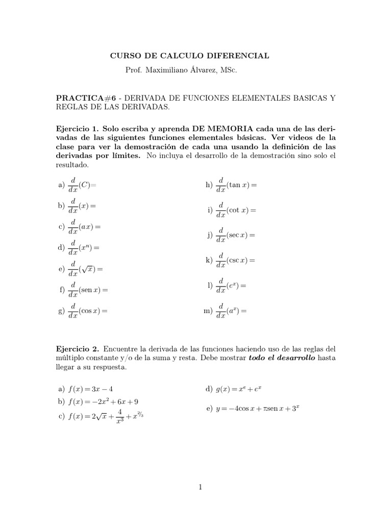Asignsción #6 - Derivadas de Funciones Elementales Básicas y Reglas de ...