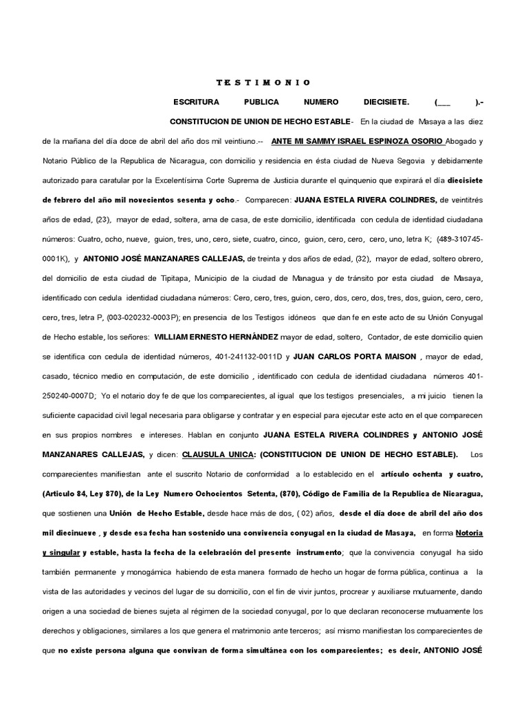 Escritura de Union de Hecho Manzanares Rivera | PDF