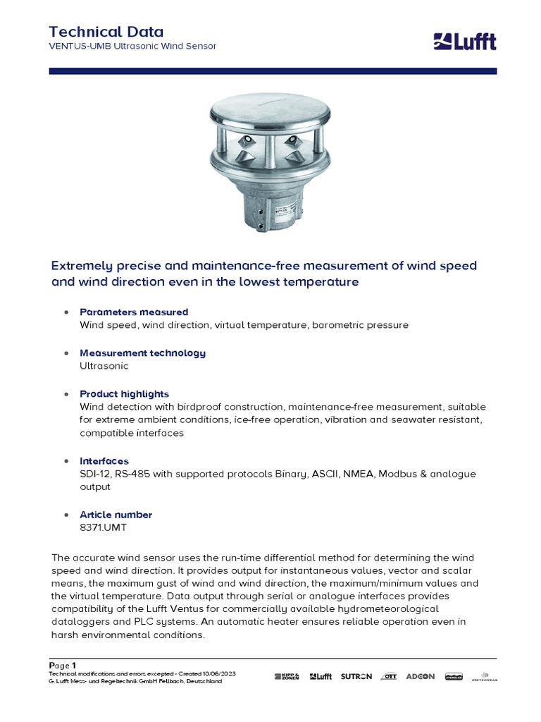 VENTUS-UMB Ultrasonic Wind Sensor Data | PDF | Sensor | Manufactured Goods