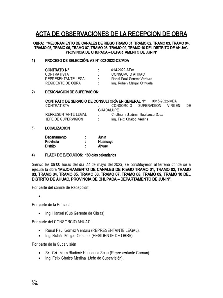 Acta de Observaciones de Recepcion | PDF