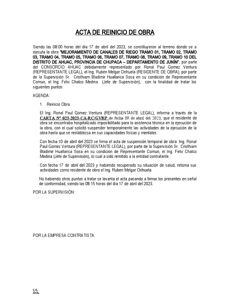 ACTA DE Reinicio de Obra Ok | PDF