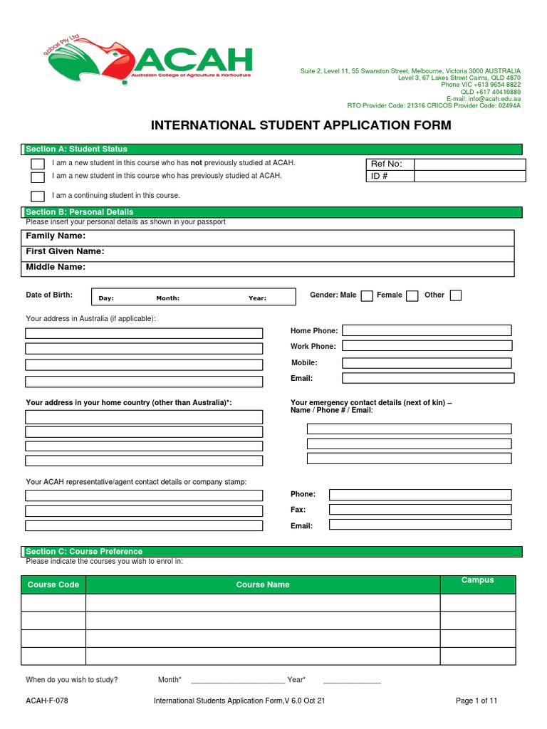 ACAH-F-078 International Students Application Form | PDF | Cost Of Living | Vocational Education