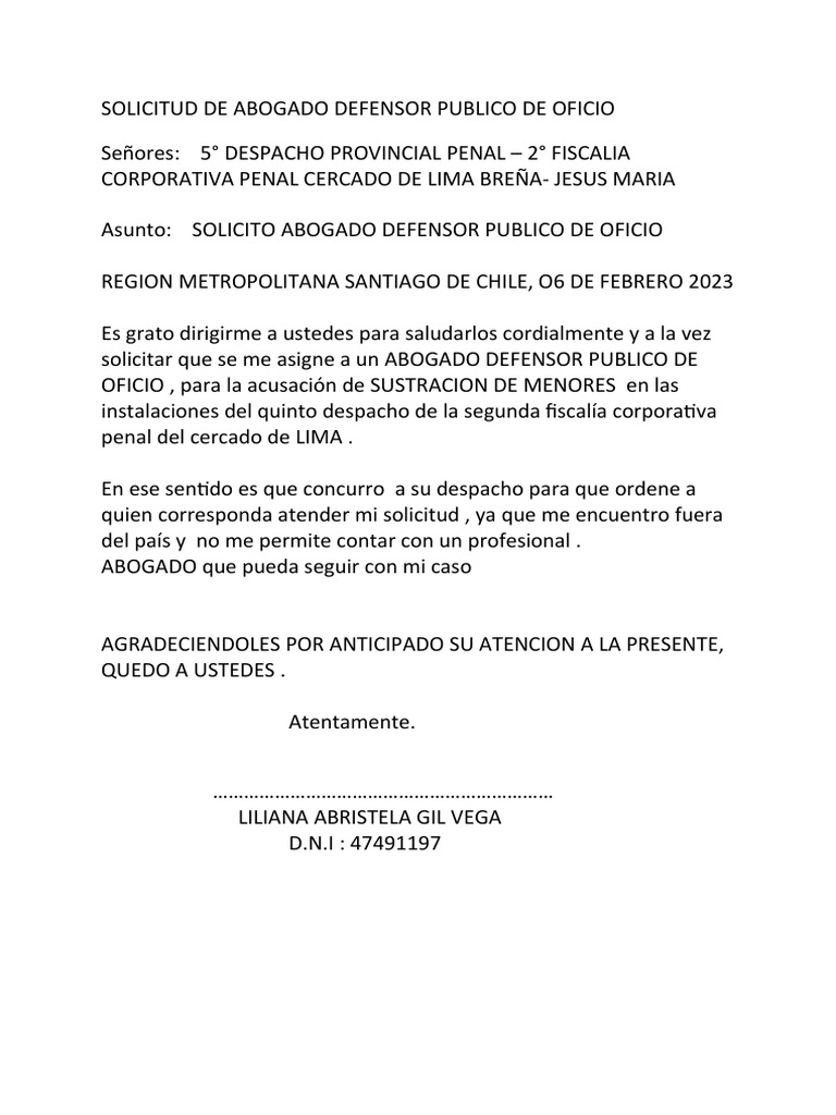 Solicitud de Abogado Defensor Publico de Oficio Liliana | PDF