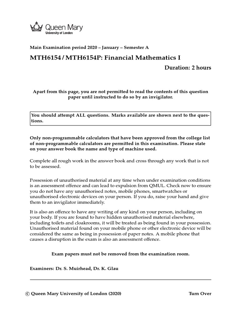 Financial Mathematics 2020 Exam | PDF | Option (Finance) | Interest
