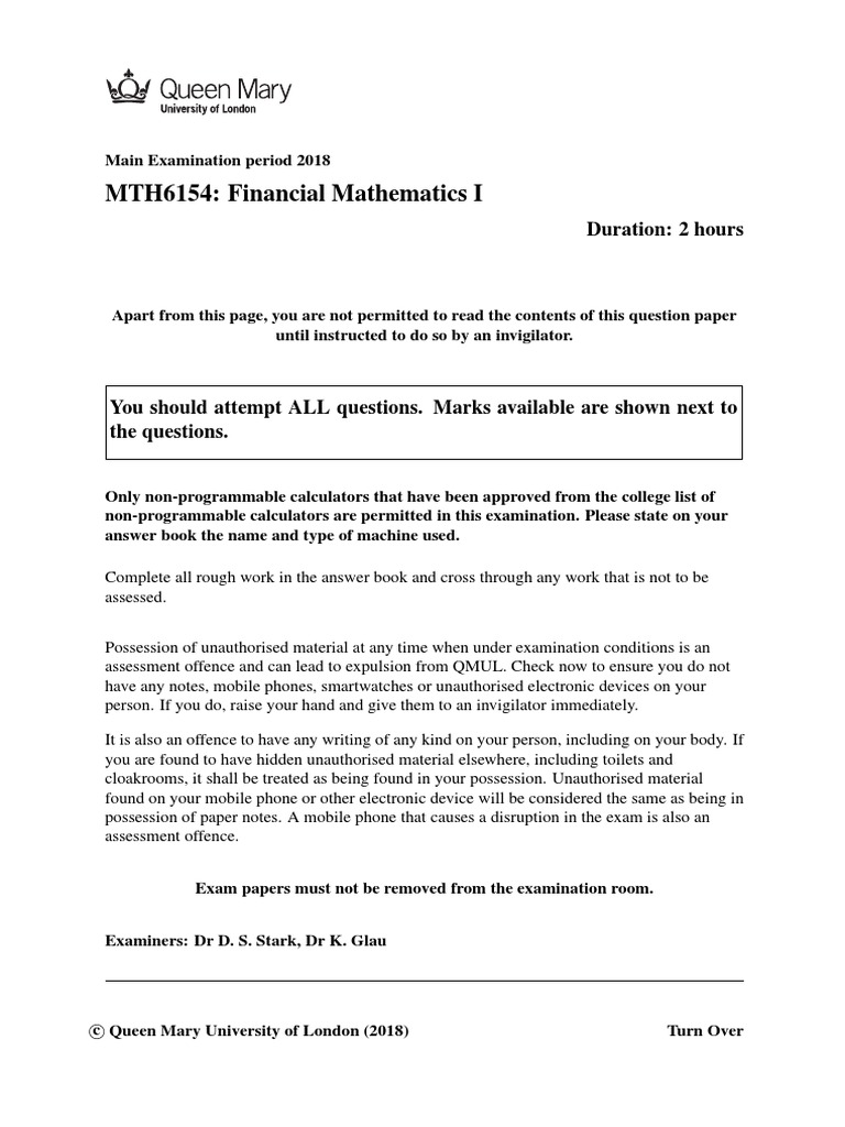Financial Mathematics 2018 Exam | PDF | Present Value | Interest