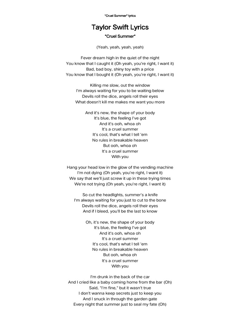 Taylor Swift - Cruel Summer Lyrics | PDF Taylor Swift - Cruel Summer Lyrics | PDF