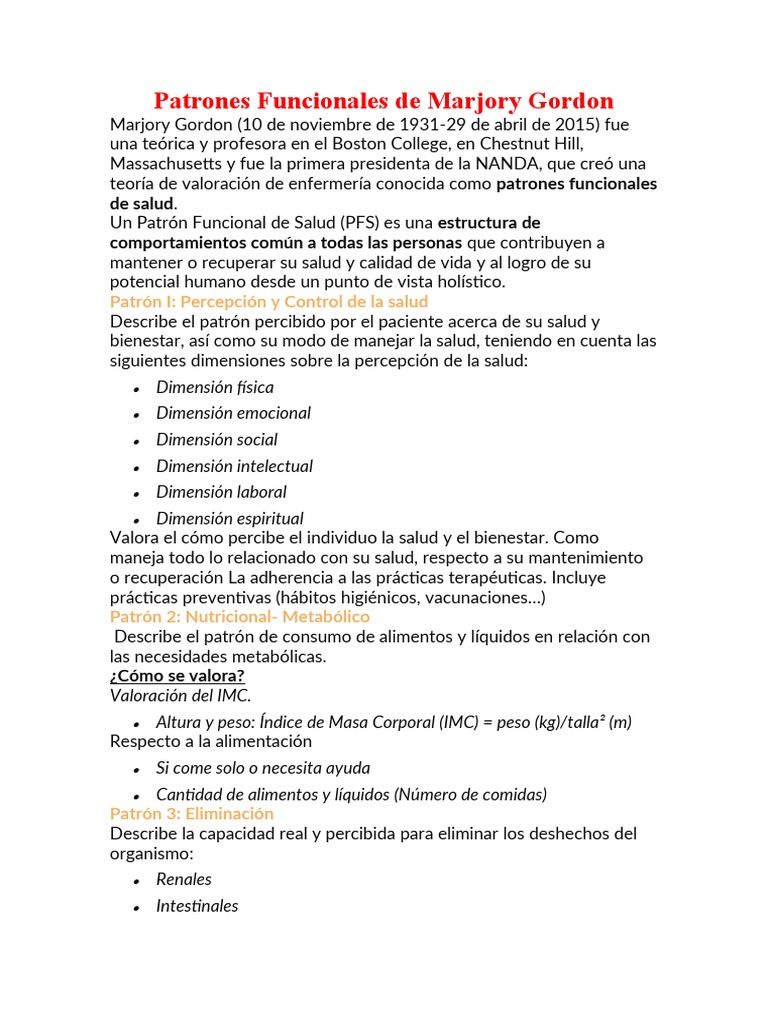 Patrones Funcionales de Marjory Gordon | PDF | Percepción | Dormir