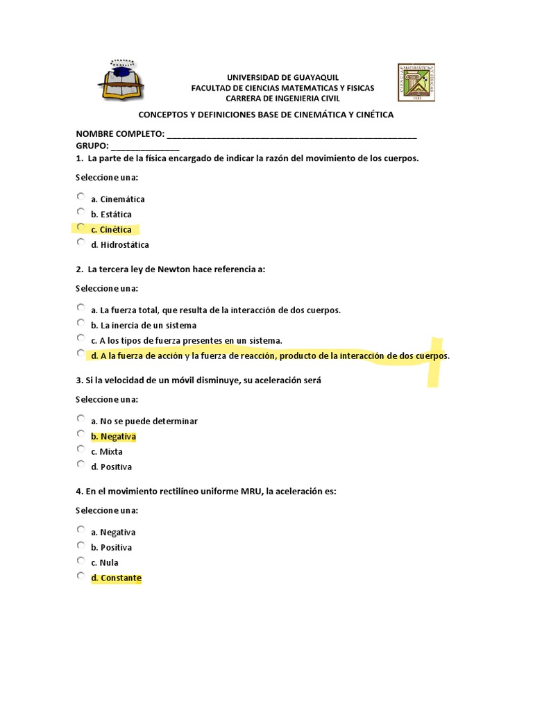 CUESTIONARIO TEORICO SOBRE CONCEPTOS BÁSICOS DE CINEMÁTICA Alumnos Falta | PDF | Aceleración ...