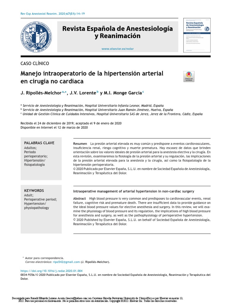 Manejo Intraoperatorio de La Hipertensión Arterial en Cirugía No | PDF ...