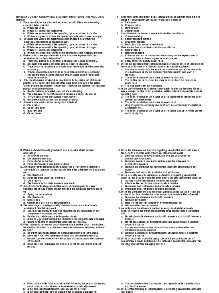 Theories For Accounts Receivable and Allowance For Doubtful Accounts | PDF | Bad Debt | Debits ...